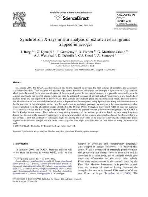 Pdf Synchrotron X Rays In Situ Analysis Of Extraterrestrial Grains Trapped In Aerogel