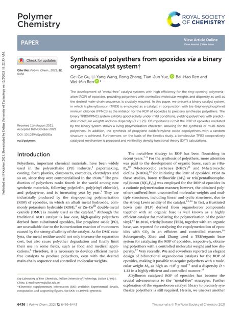 Pdf Synthesis Of Polyethers From Epoxides Via Binary Organocatalyst System