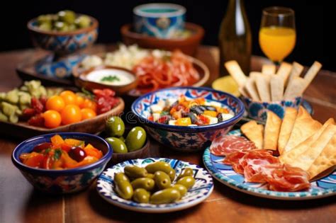 A Variety Of Colorful Tapas Arranged On A Mosaic Table Stock Image