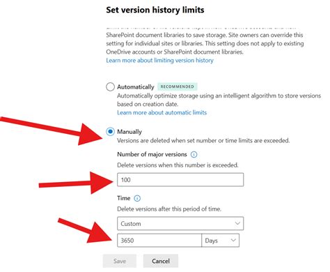 Sharepoint Online When We Set The Version Limit On The Organization Level To Be 100 Versions