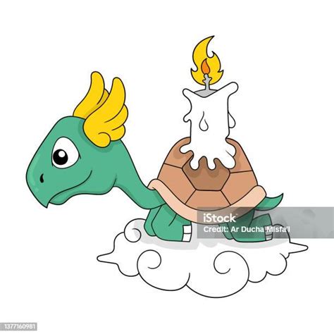 거북이가 뒷면에 촛불 불꽃을 들고 낙서 아이콘 이미지 Kawaii 나름에 대한 스톡 벡터 아트 및 기타 이미지 나름 낙서