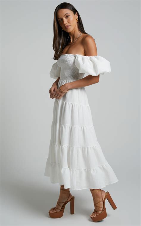 Maxima Midi Dress Puff Sleeve Shirred Bodice Tiered Dress In White