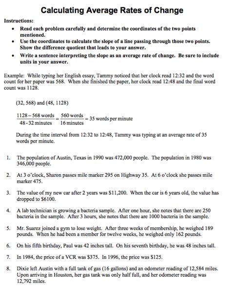 Free Rate Of Change Word Problems Worksheet With Answers Download Free Rate Of Change Word