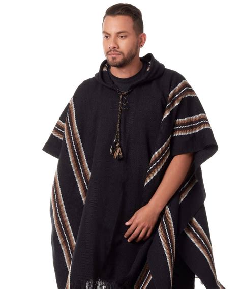 Inti Alpaca Mens Hooded Cloak Cape Poncho Knitted In Peru With Black