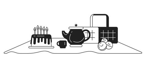 피크닉 세트 단색 개념 ⁇ 터 스 ⁇ 일러스트 생일 케이크 담요와 바구니 2d 평평한 Bw 만화 객체 웹 Ui 디자인 단독 편집 가능한 창의적인 이미지 프리미엄 벡터