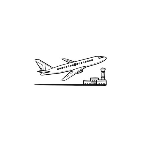 손으로 그린 개요 낙서 아이콘을 이륙하는 비행기 공항 교통 비행 비행기 및 활주로 개념 프리미엄 벡터