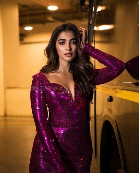 Sexy Pooja Hegde In A Dark Pink Embellished Long Dress Photos 02