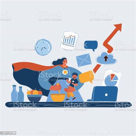 아기와 바쁜 어머니의 벡터 그림 멀티 태스킹 원격으로 작업 요리 모성 슈퍼 히어로 멀티 태스킹에 대한 스톡 벡터 아트 및 기타