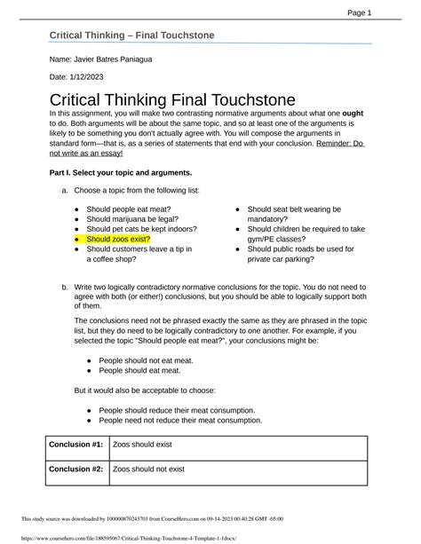 SOLUTION: Critical thinking touchstone 4 template 1 1 docx - Studypool