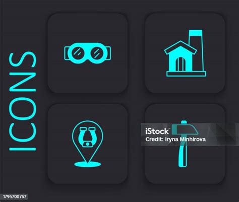 망치 용접 안경 대장간 작업장 인테리어 및 말굽 아이콘을 설정합니다 검은색 사각형 버튼입니다 벡터 0명에 대한 스톡 벡터 아트 및 기타 이미지 Istock