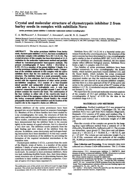 Pdf Crystal And Molecular Structure Of Chymotrypsin Inhibitor 2 From Barley Seeds In Complex