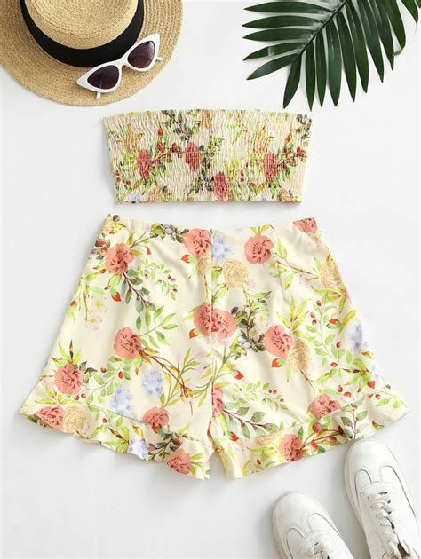 Ruffles Floral Lace Up Bandeau Top Set LIGHT YELLOW Bandeau Top