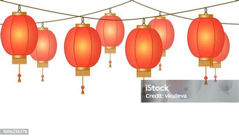 중국어 랜 턴 체인 화 환 장식 벡터 일러스트 레이 션에 대 한 배경 요정 바닥글 조명과 배너 없이 붉은 아시아 전통적인 종이 램프 0명에 대한 스톡 벡터 아트 및 기타