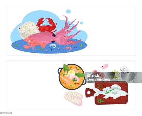 해산물 레스토랑 세트 벡터 일러스트 바다 바다 물고기와 음식 배너 디자인 메뉴에 조개 연어를 요리 신선한 해산물 포스터 굴에