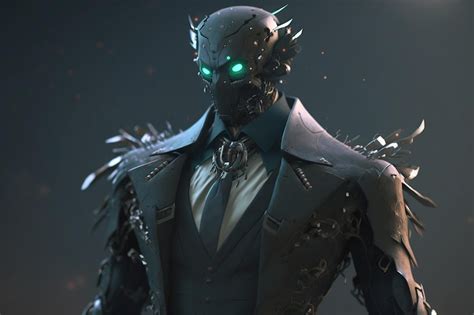 Premium Ai Image A Character With A Black Mask And Blue Eyes Stands