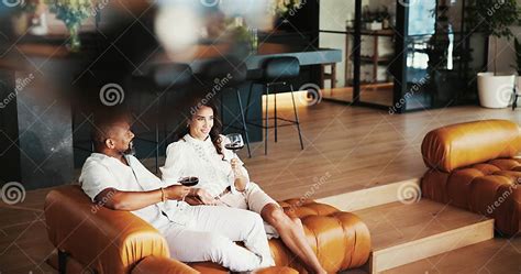 House Red Wine And Couple On Sofa Relax And Comfort With Break