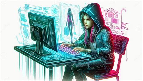 Female Hacker At High Tech Terminal Typing Rapidly With Confidence