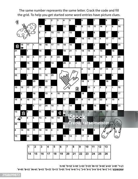 일반 지식 항목과 3개의 여름 그림 단서가 있는 코드 브레이커 십자말풀이 게임이 있는 퍼즐 페이지 답변이 포함되어 있습니다 가로세로 낱말퍼즐에 대한 스톡 벡터 아트 및 기타