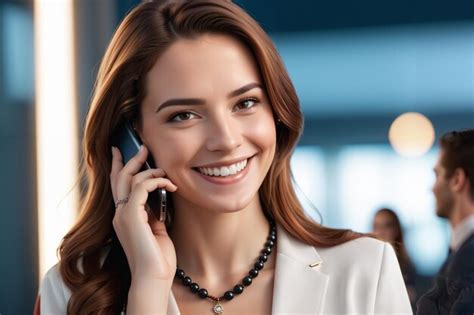 Premium Photo A Woman With A Necklace On Her Neck Smiling And Talking On A Cell Phone With A