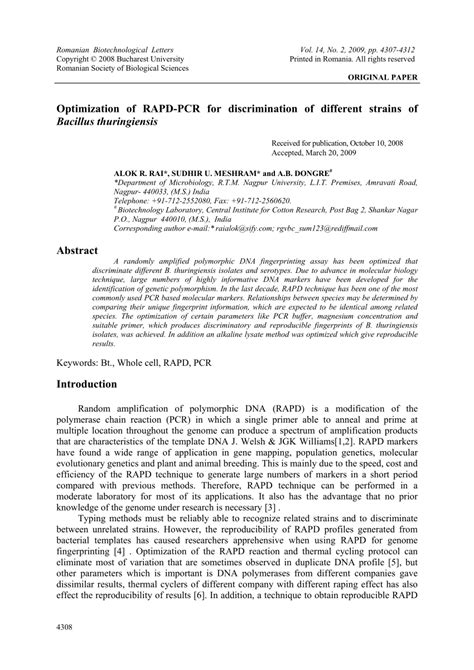 Pdf Optimization Of Rapd Pcr For Discrimination Of Different Strains Of Bacillus Thuringiensis