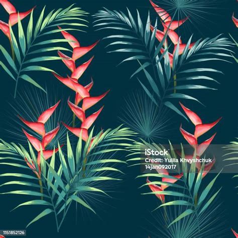열 대 잎과 낙원 헬 리코 니 아 꽃과 완벽 한 패턴입니다 어둡고 밝은 녹색 야자수 어두운 파란색 배경에 나뭇잎 0명에 대한 스톡 벡터 아트 및 기타 이미지 Istock