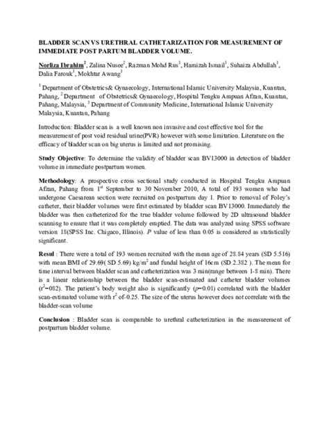 Pdf Bladder Scan Vs Urethral Cathetarization For Measurement Of Immediate Post Partum Bladder