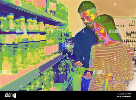 Young Couple In Supermarket View Through Thermal Camera Temperature