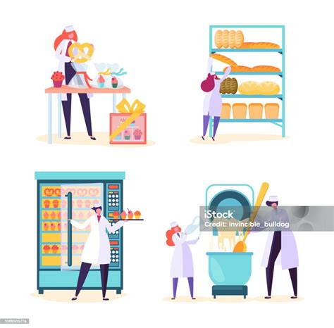 베이커리 공장 식품 생산 기계 세트입니다 빵 제빵 산업 장비 컬렉션 사람들이 작업자 문자로 현대 과자 제조 평면 만화 벡터 일러스트 레이 션에 케이크 반죽 비즈니스에 대한