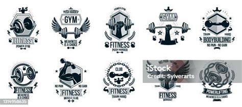 피트니스 스포츠 엠블럼 로고 또는 바벨 아령 케틀벨과 근육 남자 실루엣 벡터 세트 운동 운동 활성 라이프 스타일 테마 스포츠 클럽 또는 대회 상 포스터