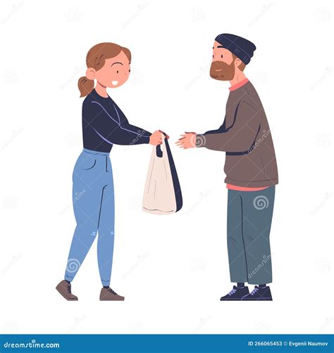 Volunteering With Woman Volunteer Giving Homeless Man Bag With Products