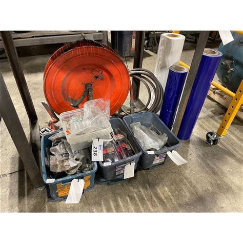 Large Industrial Hose Reel With Hose And 3 Bins Of Assorted Hardware
