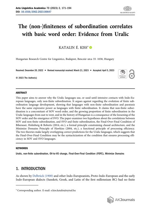 Pdf The Non Finiteness Of Subordination Correlates With Basic Word Order Evidence From Uralic