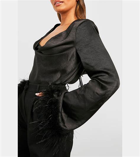 Buy Boohoo Cowl Neck Feather Cuff Satin Bodysuit Top In Black