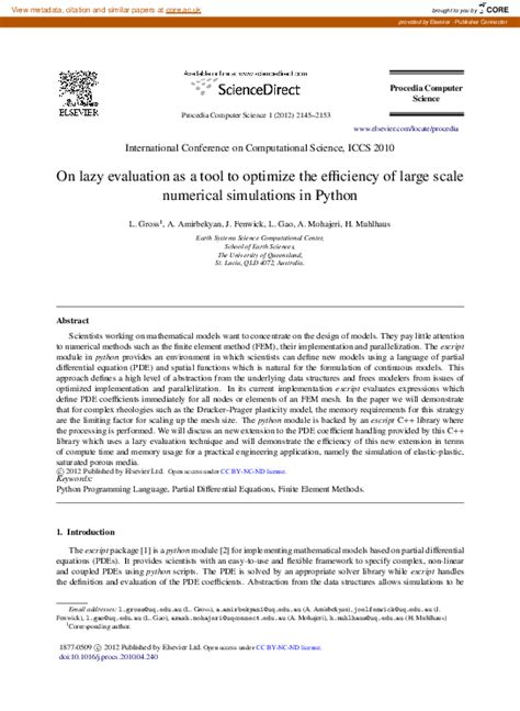 Pdf On Lazy Evaluation As A Tool To Optimize The Efficiency Of Large Scale Numerical