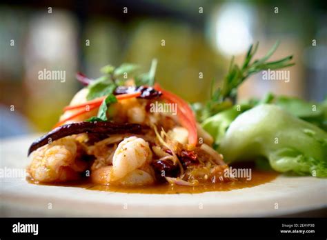 Spicy Thai Style Prawn Salad At A Street Food Market In Bangkok