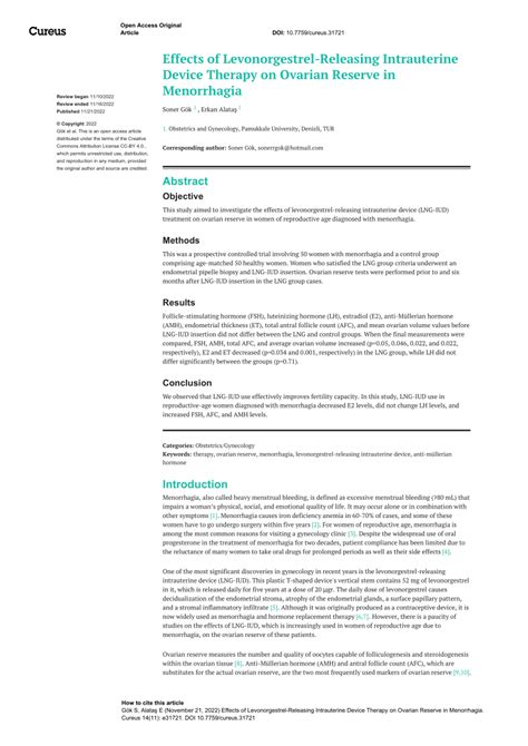 Pdf Effects Of Levonorgestrel Releasing Intrauterine Device Therapy On Ovarian Reserve In