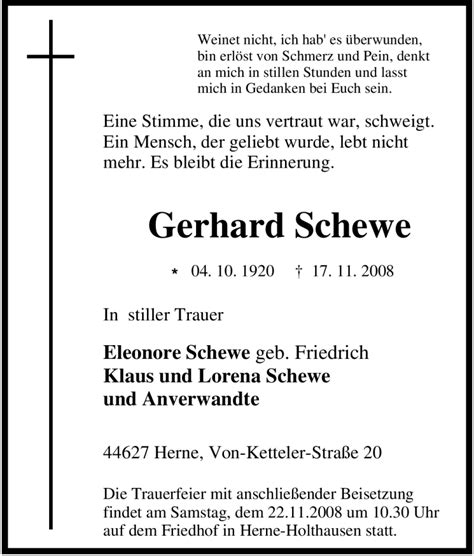 Traueranzeigen Von Gerhard Schewe Trauer In Nrw De