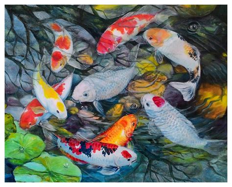 Koi Fish Oil Painting On Canvas Feng Shui Artwork Watercolor Fish