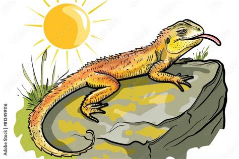 Cartoon Cute Doodles Of A Lizard Basking On A Sun Warmed Rock Its