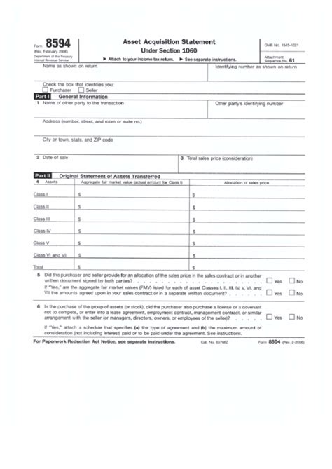 Form 8594 Asset Acquisition Statement Under Section 1060 Internal Revenue Service Printable