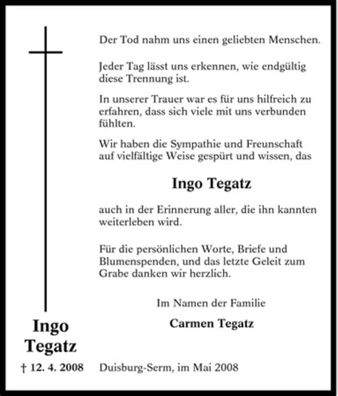 Traueranzeigen Von Ingo Tegatz Trauer In Nrw De