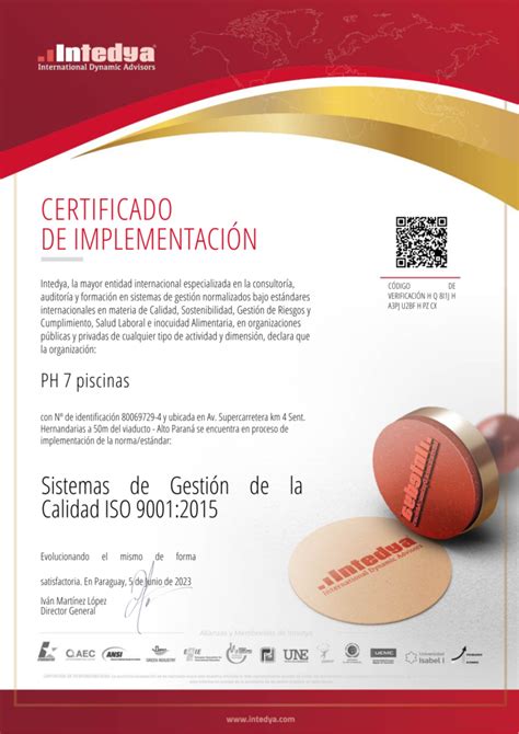 CERTIFICADO DE IMPLEMENTACIÓN ISO pH7 Piscinas Ciudad del Este PY