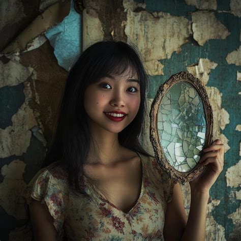 A Young Woman With A Broken Mirror Standing In Front Of A Peeling Wall
