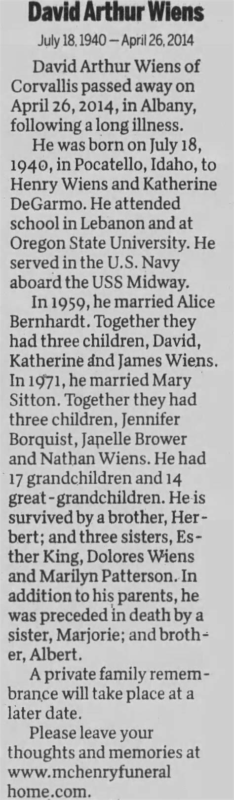 David Arthur Wiens 1940 2014 Find A Grave Memorial