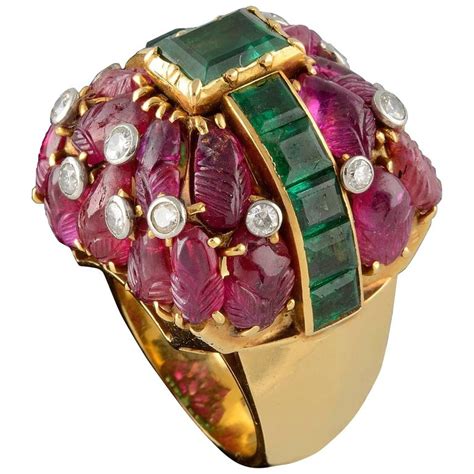 1960s French Ruby Emerald Diamond Gold Cocktail Ring At 1stdibs