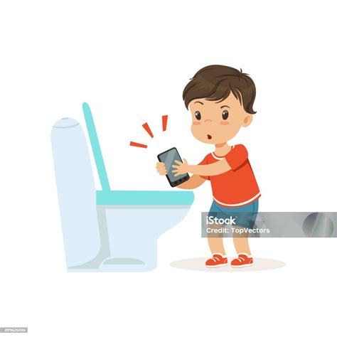 작은 아이 나쁜 아이 행동 화장실 쾌활 한 깡패로 전화를 던지고 하는 귀여운 작은 깡패 소년 벡터 일러스트 레이 션 교육에 대한