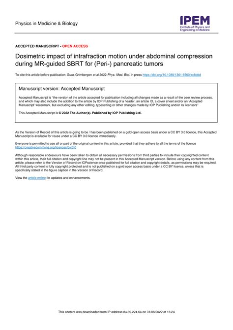 Pdf Dosimetric Impact Of Intrafraction Motion Under Abdominal Compression During Mr Guided