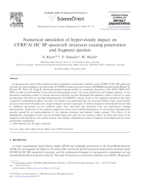 Pdf Numerical Simulation Of Hypervelocity Impact On Cfrpal Hc Sp Spacecraft Structures