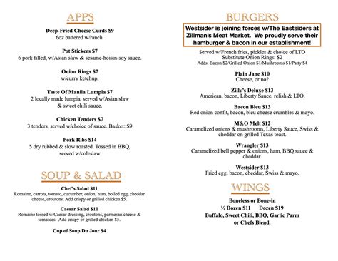 Menu — Westsider Diner And Lounge