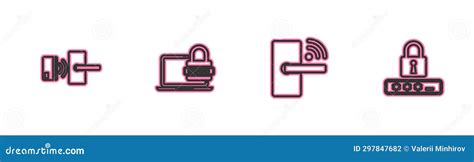 Set Line Digital Door Lock With Wireless Laptop Password And Password Protection Icon Vector
